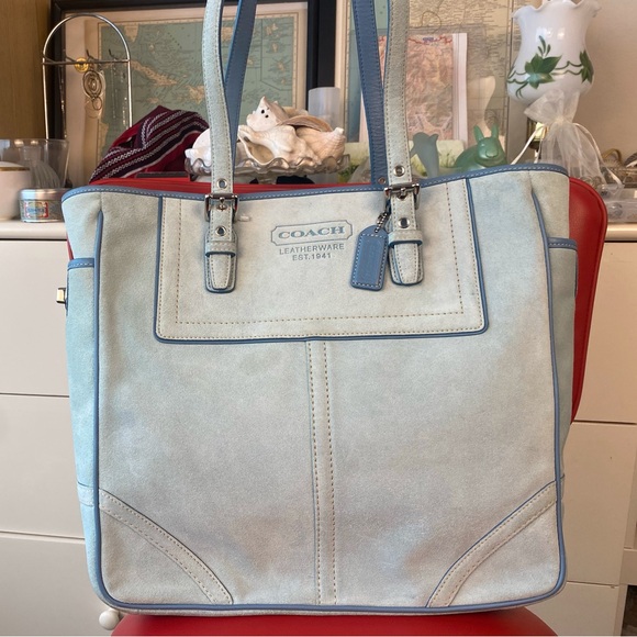 Coach | Bags | Coach Rare Vintage Suede Baby Blue Large Tote Bag | Poshmark
